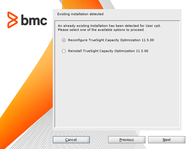 Select "Reconfigure BMC Capacity Optimization" when you will be in step "Existing installation ...