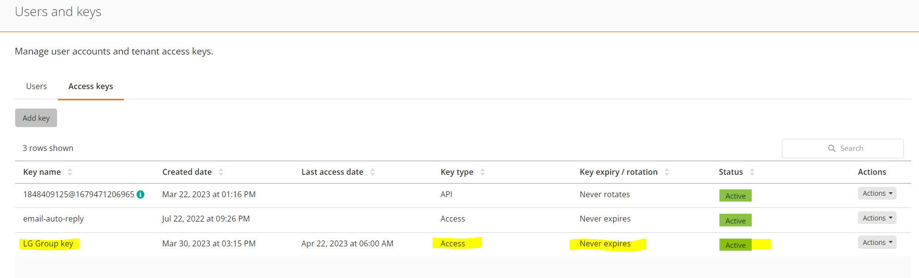 7. Go to Actions -> Key Details